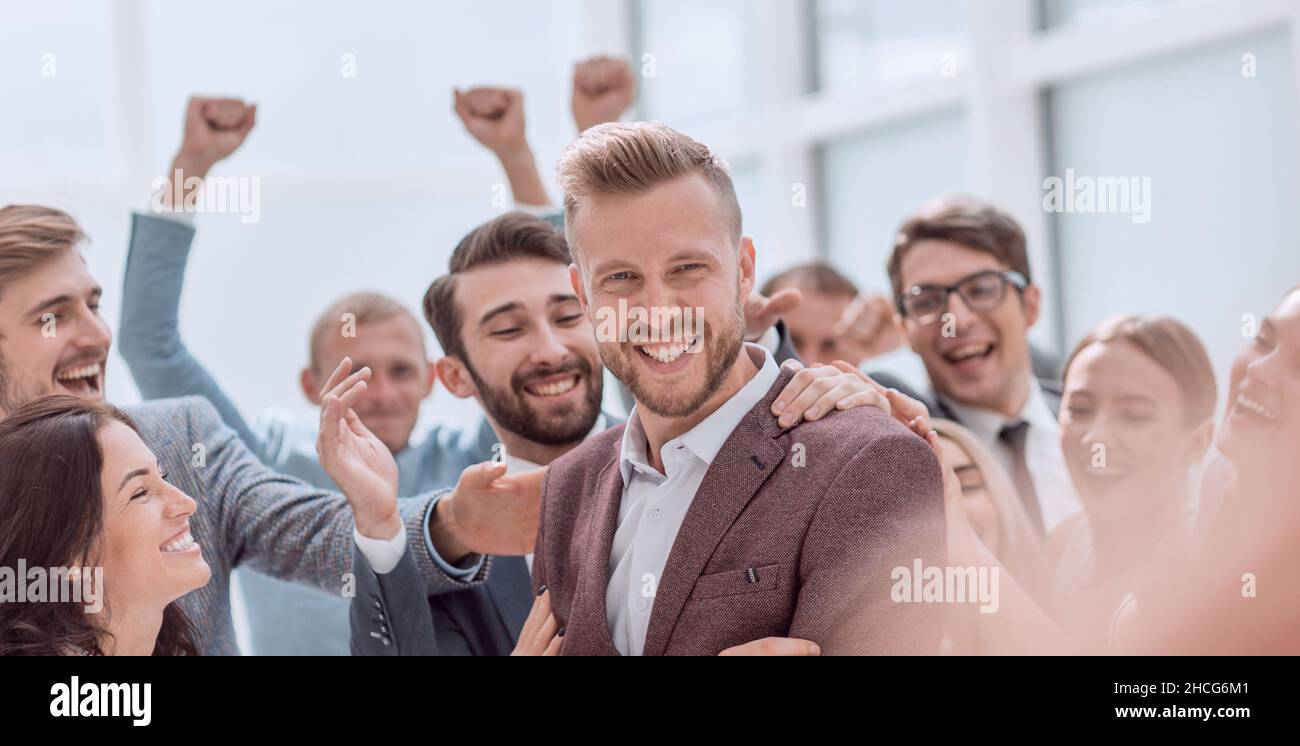 happy boss and jubilant employees applauding together Stock Photo - Alamy