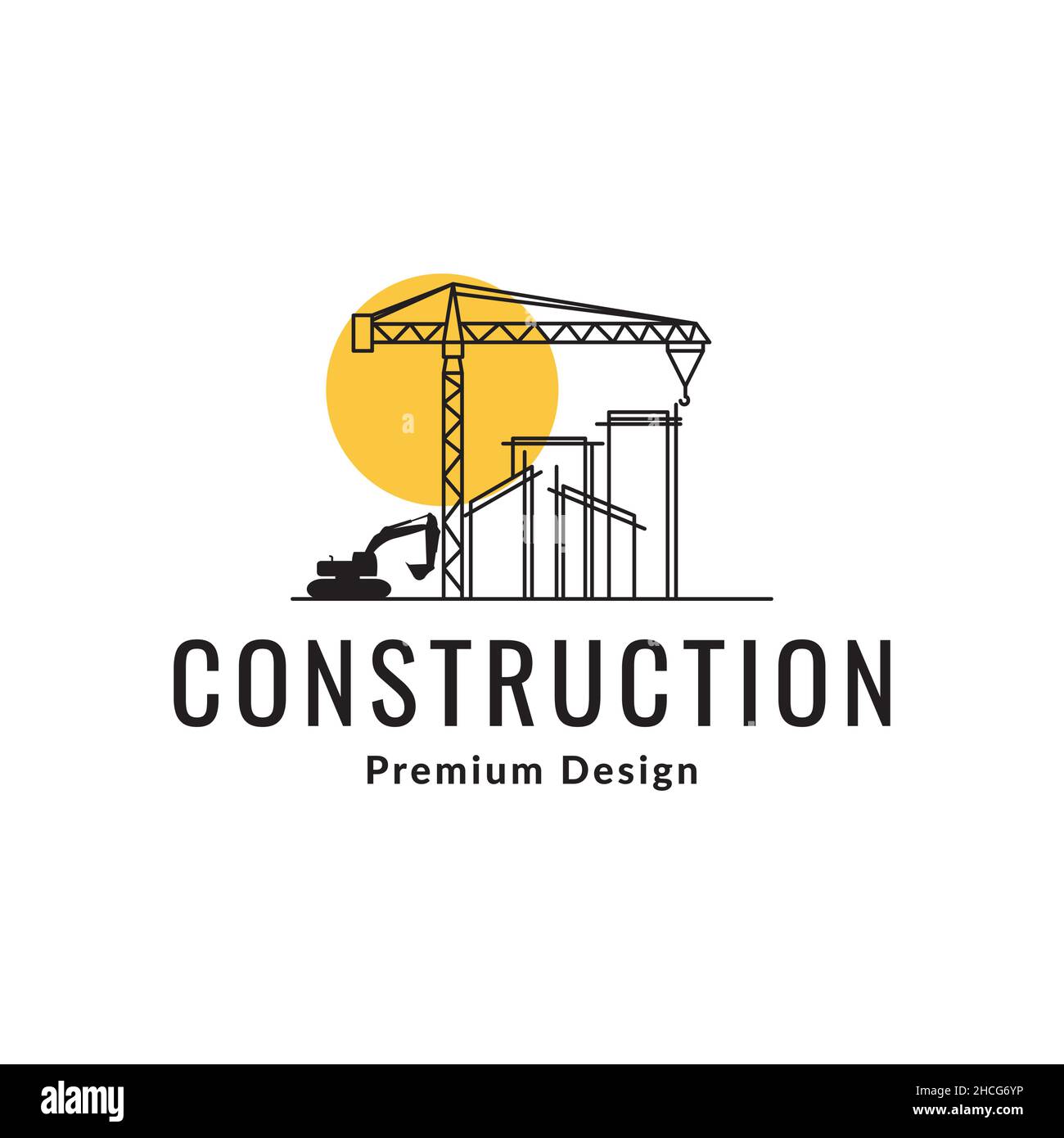 line construction with crane excavator and sunset logo design vector ...