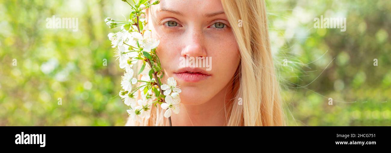 Spring woman face for banner. Beautiful woman portrait close up. Woman ...