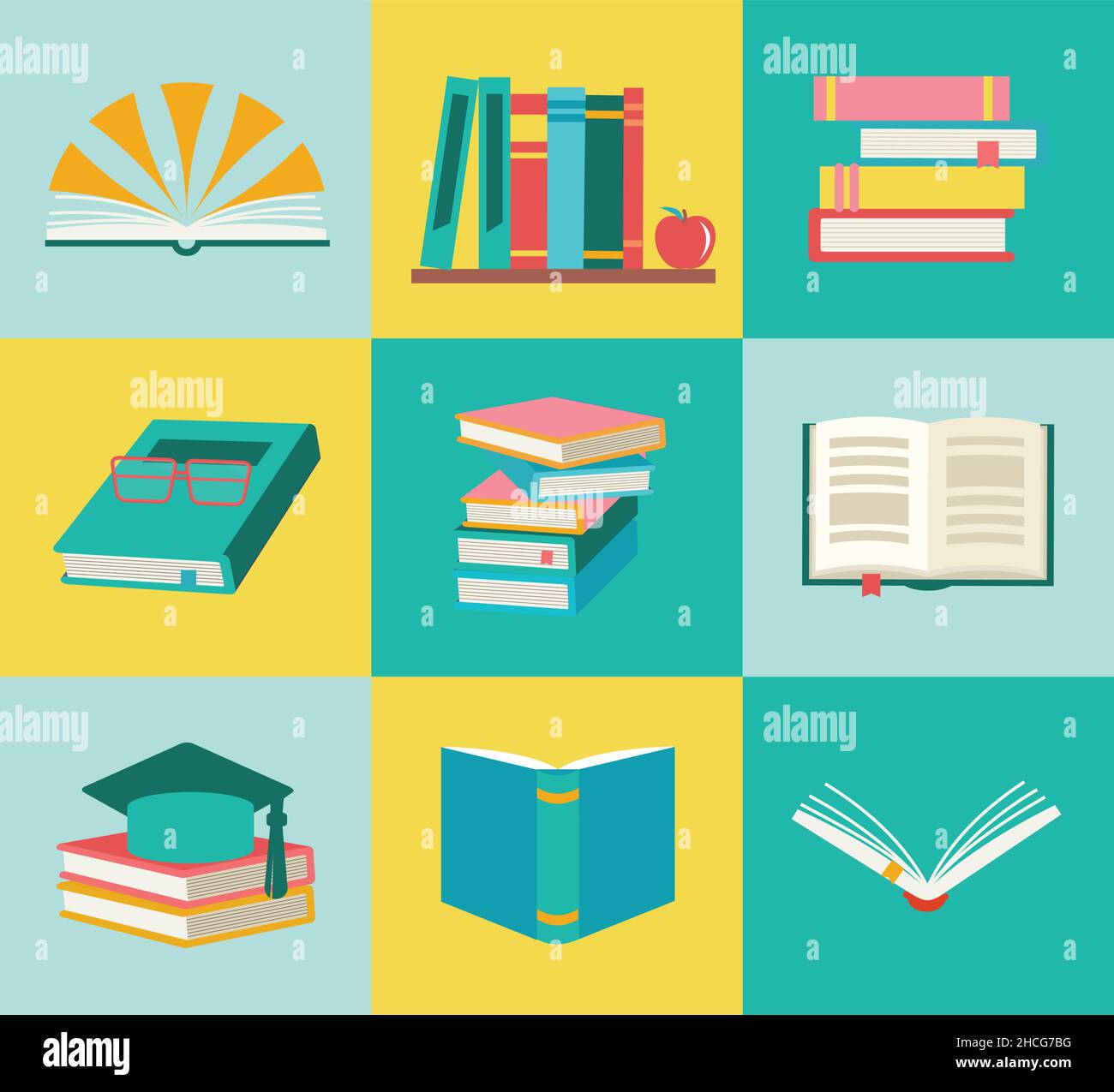 Set of book illustration. Stacked books, reading material for education ...