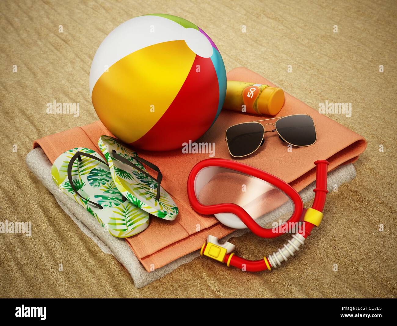 Personal accessories standing on the beach sand. Travel and vacations ...