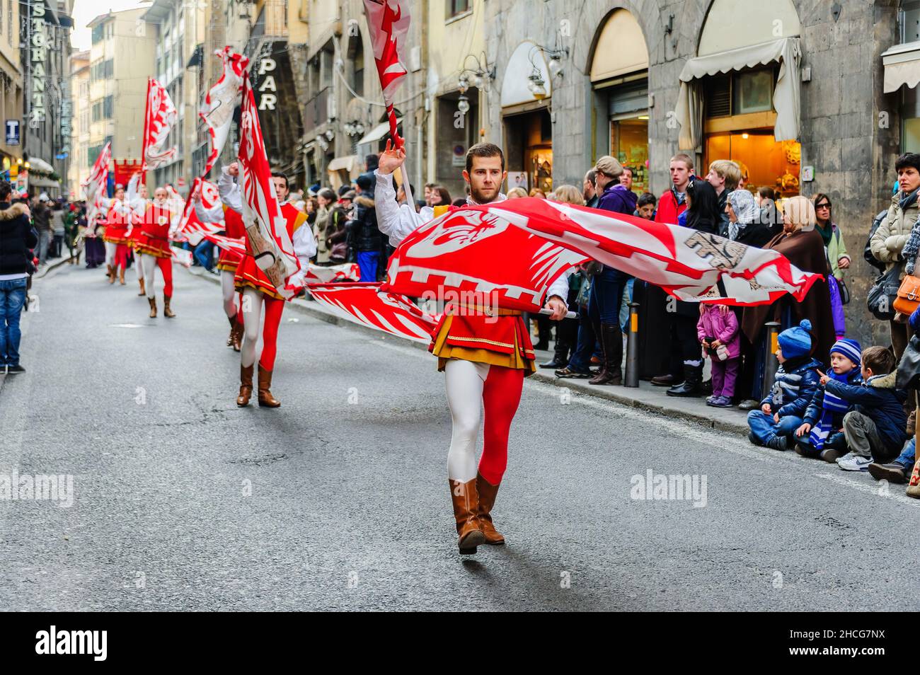 Florence, Italy - January 6, 2013: Flag throwing and waving parade as ...