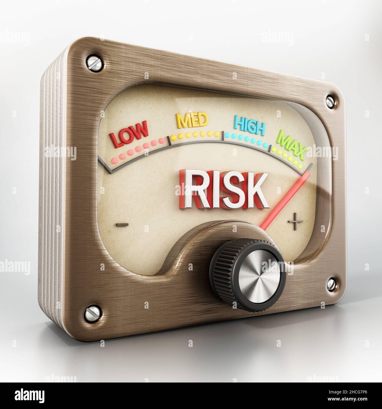 Vintage risk meter pointing maximum risk isolated on white background ...
