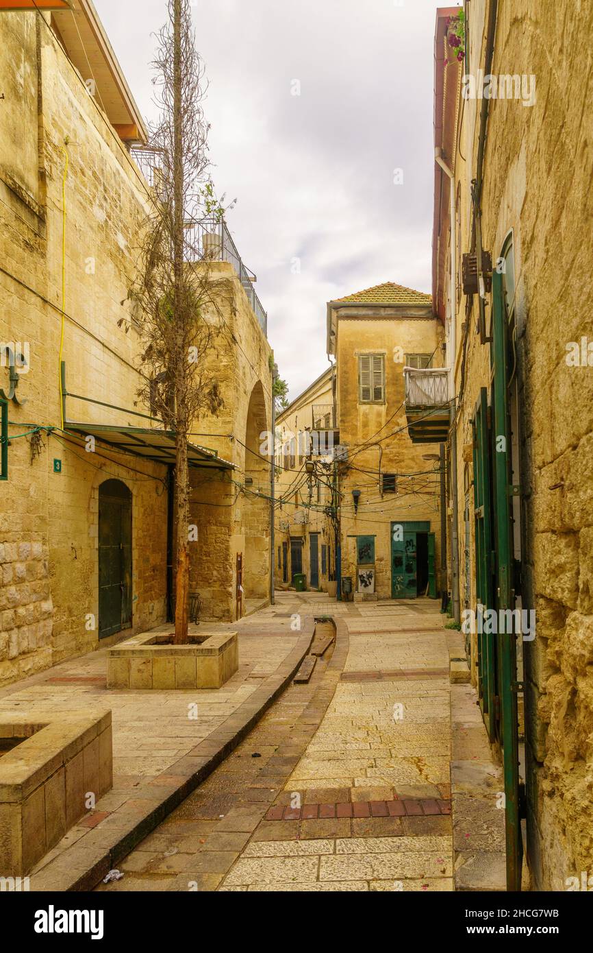 Nazareth, Israel - December 24, 2021: View of an empty alley in the old ...