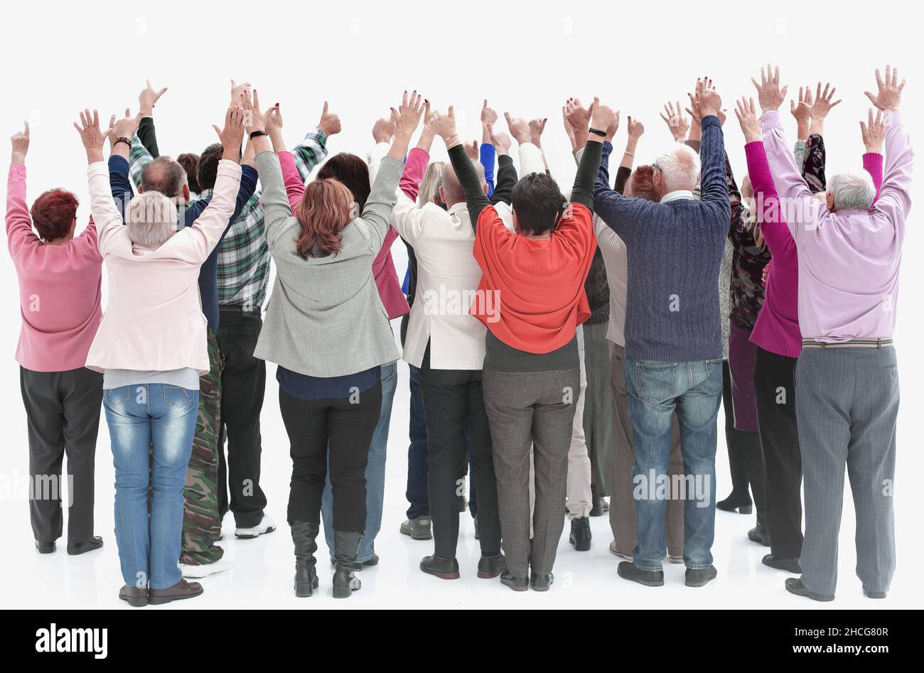 Group of adults people raising their hands up Stock Photo - Alamy
