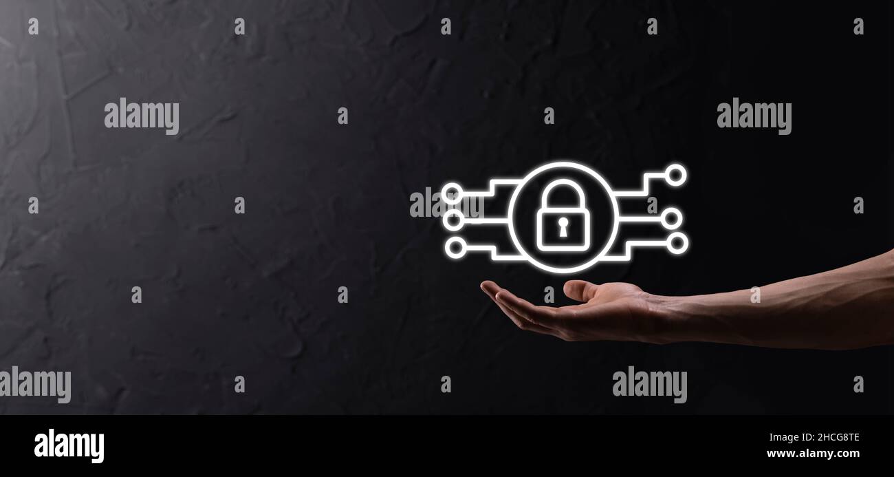 Cyber security network. Padlock icon and internet technology networking. Businessman protecting ...