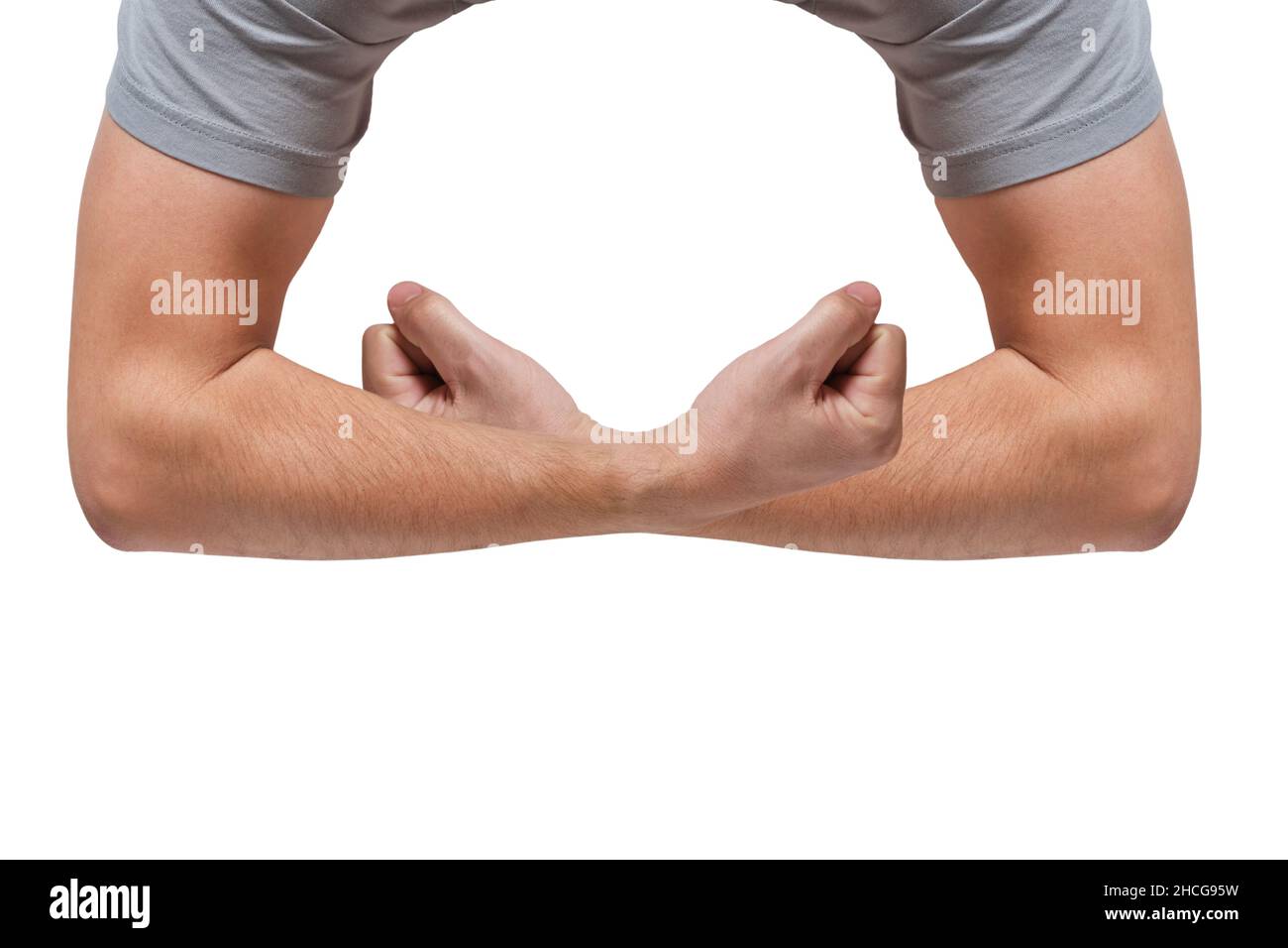 Hands an inflated, athletic and healthy person with large muscles are ...
