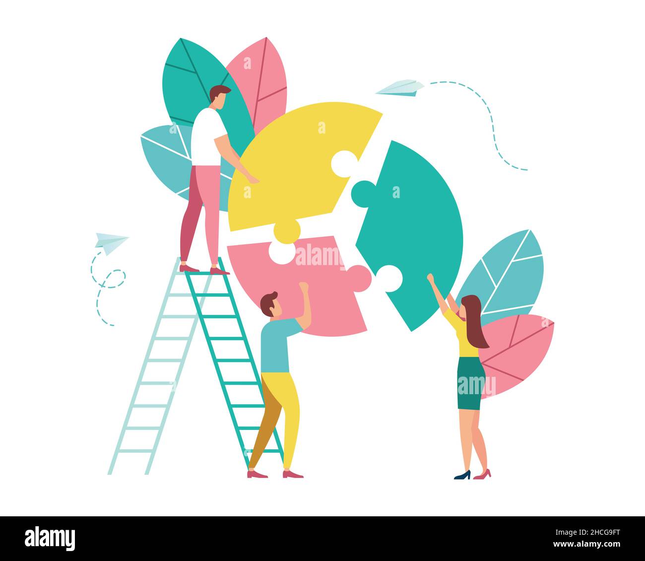 Teamwork man and woman solving puzzle problem. Working together on a ...