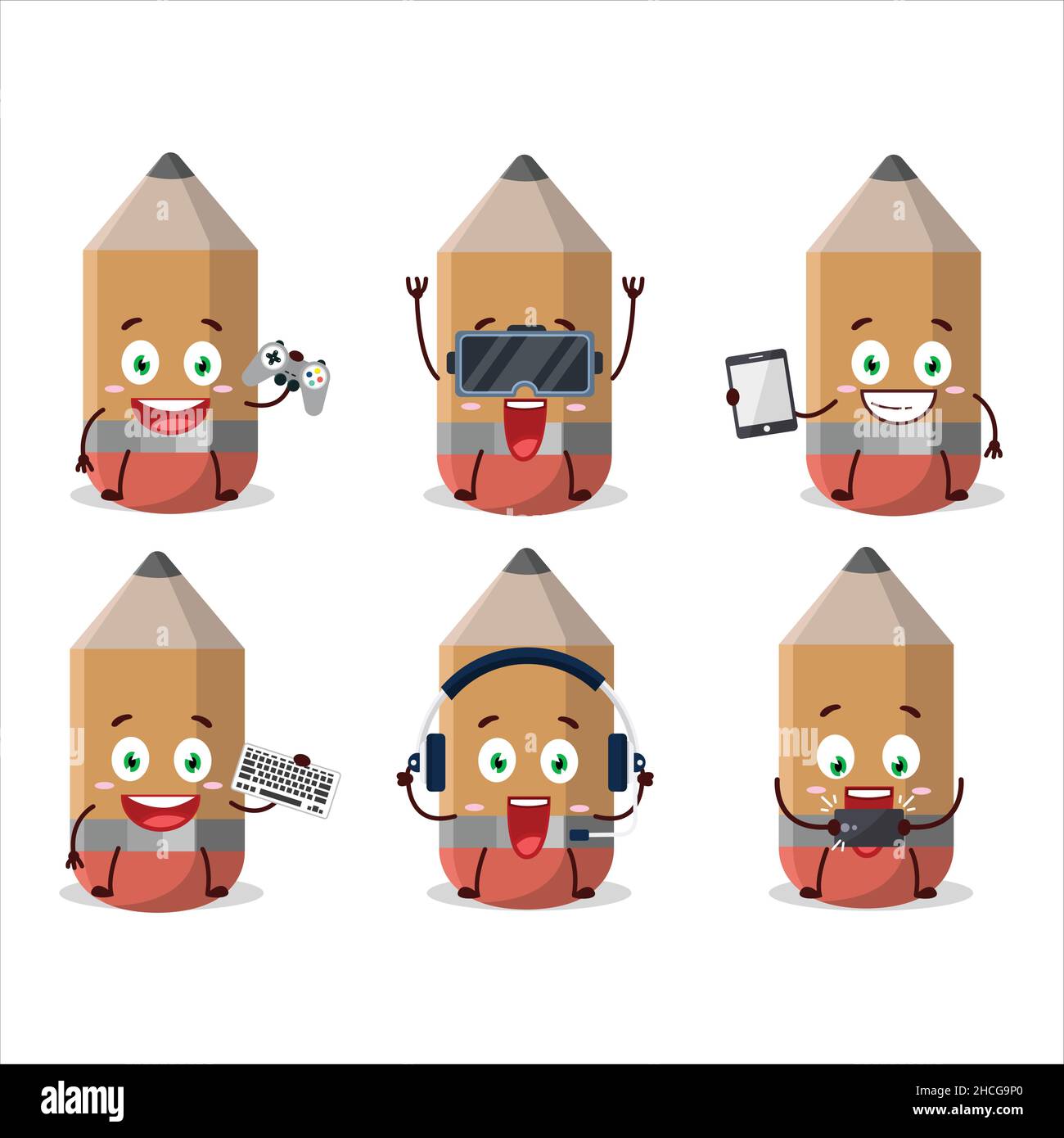 Pencil cartoon character are playing games with various cute emoticons ...
