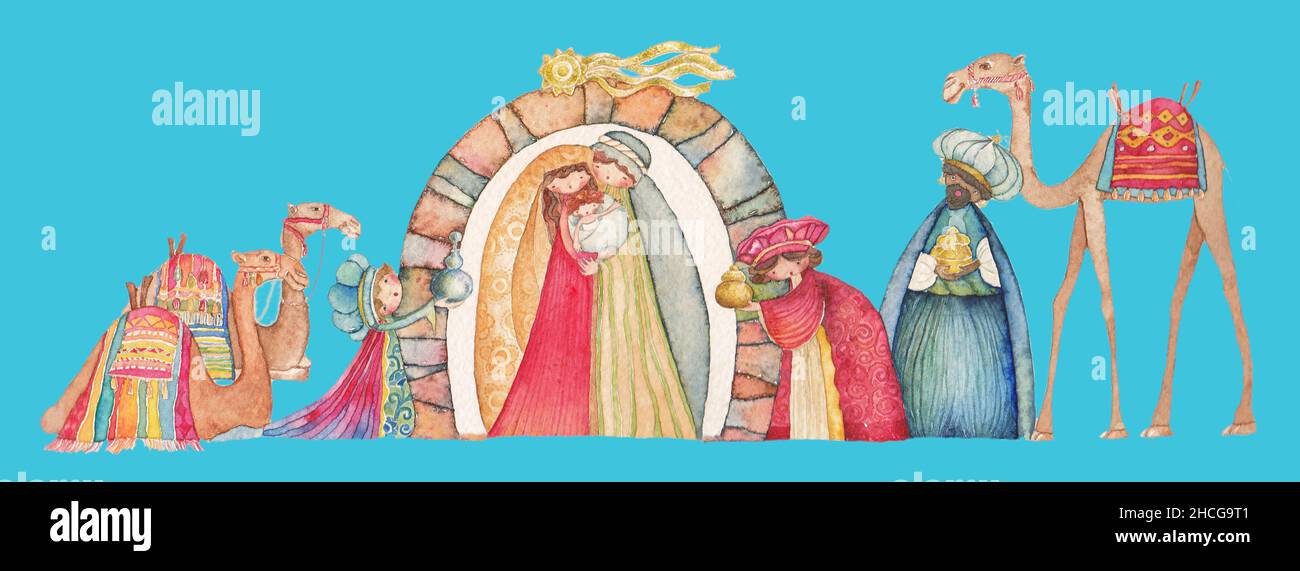 Hand drawn back postcard with Christmas nativity scene Stock Photo - Alamy