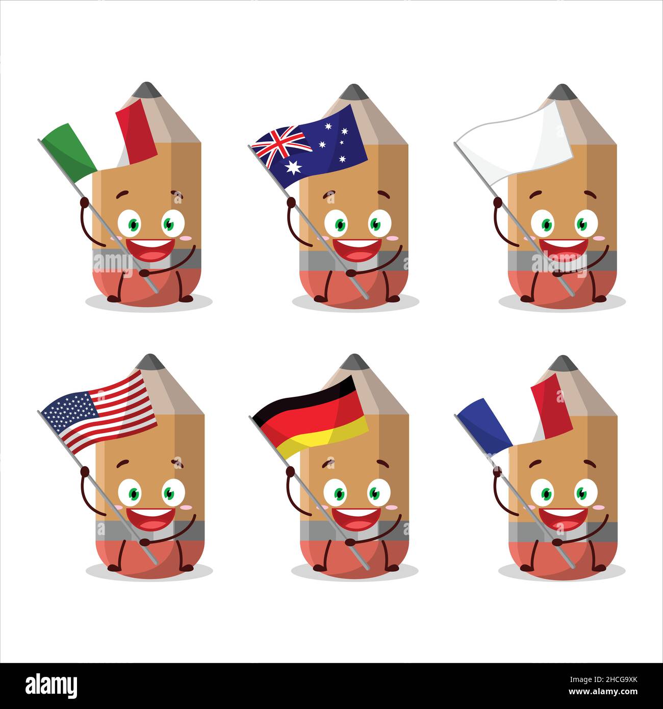Pencil Cartoon Character Bring The Flags Of Various Countries Vector