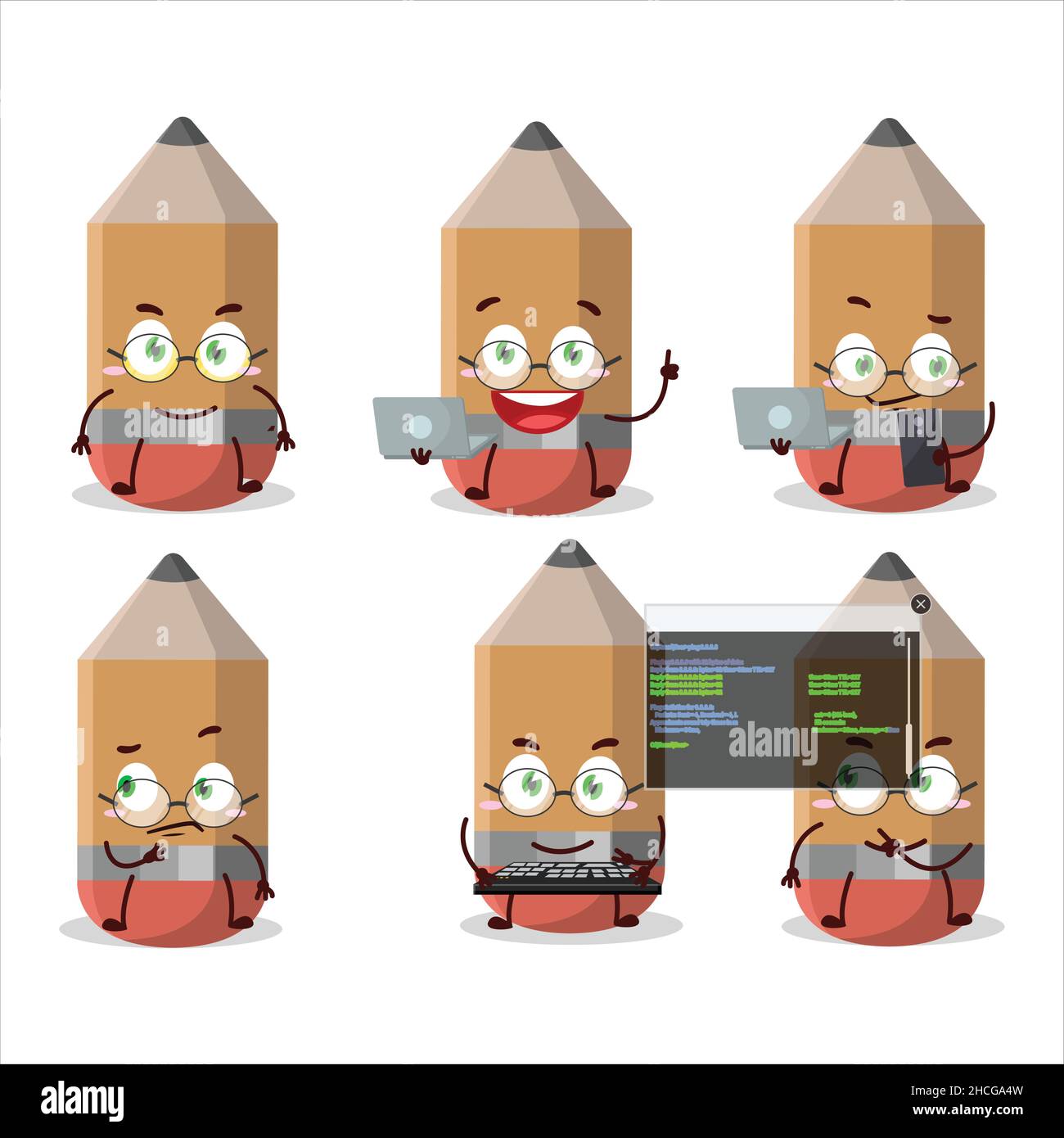 Pencil in Programmer cute cartoon character with. Vector illustration ...