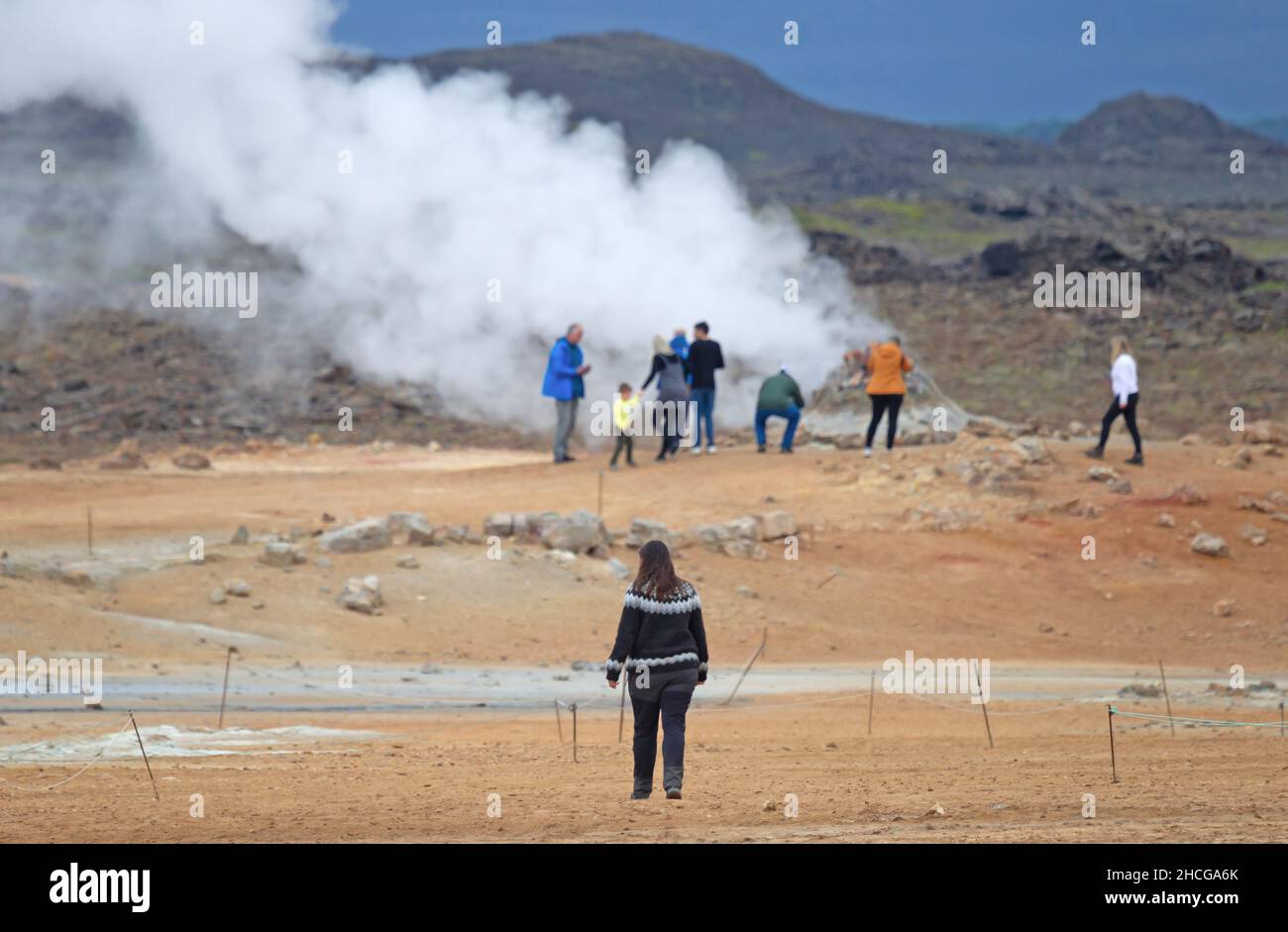 Steaming fumarole in geothermal area of Hverir, Namafjall in northern ...