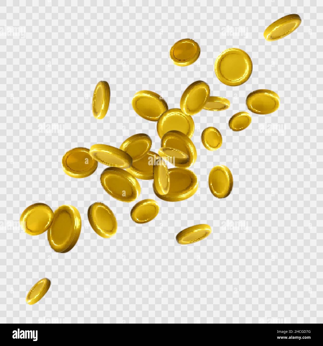Explosion of realistic gold coin on transparent background. Falling or ...