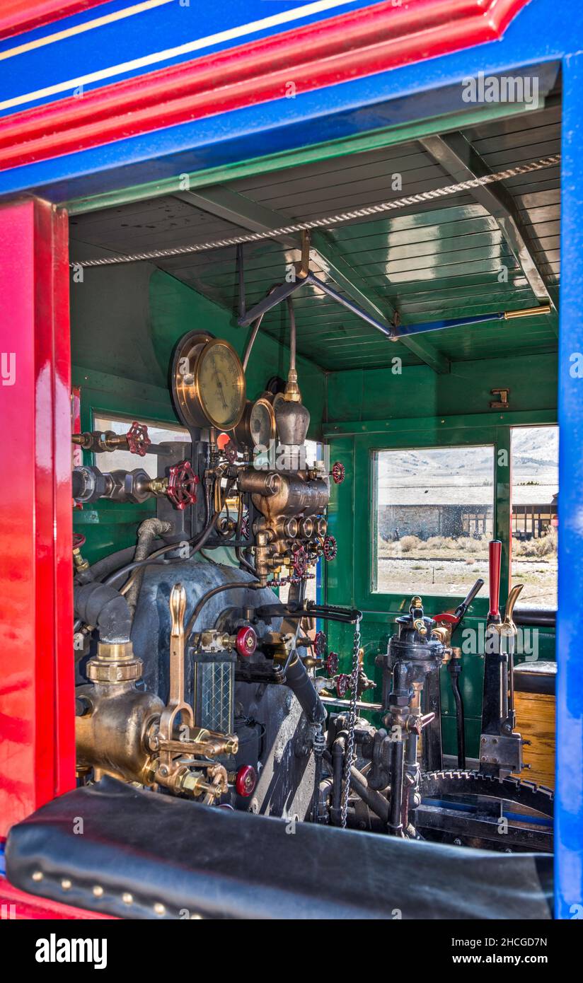 Gauges and levers inside cab at Jupiter steam engine locomotive replica ...