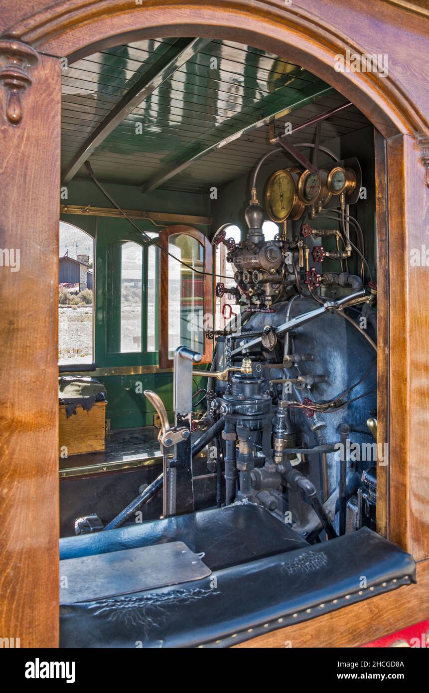 Gauges and levers inside cab at No 119 steam engine locomotive replica ...
