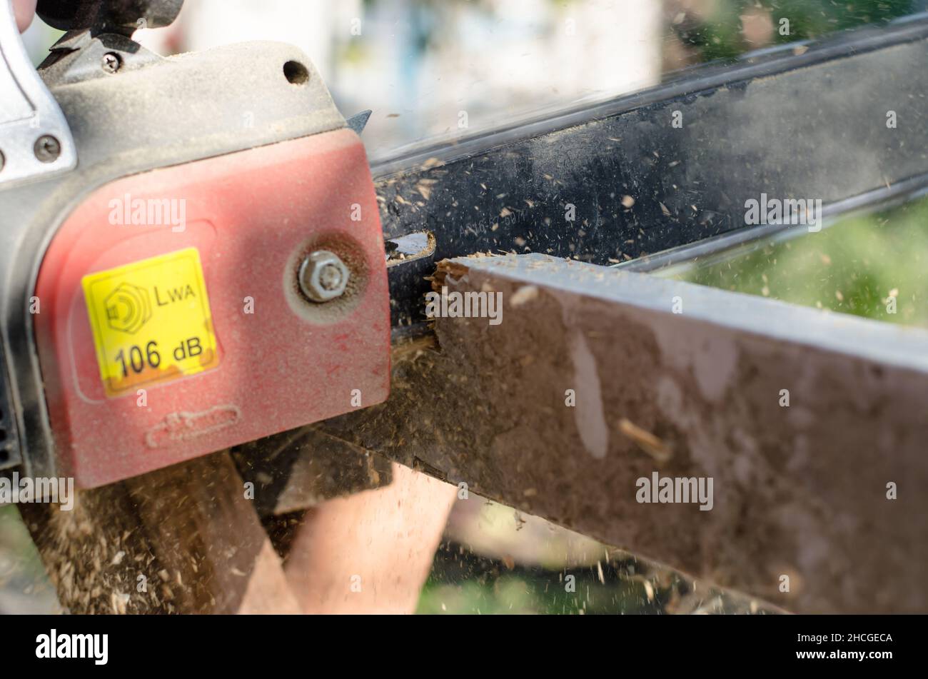 Hand-held power saw in the process of work close-up Stock Photo - Alamy
