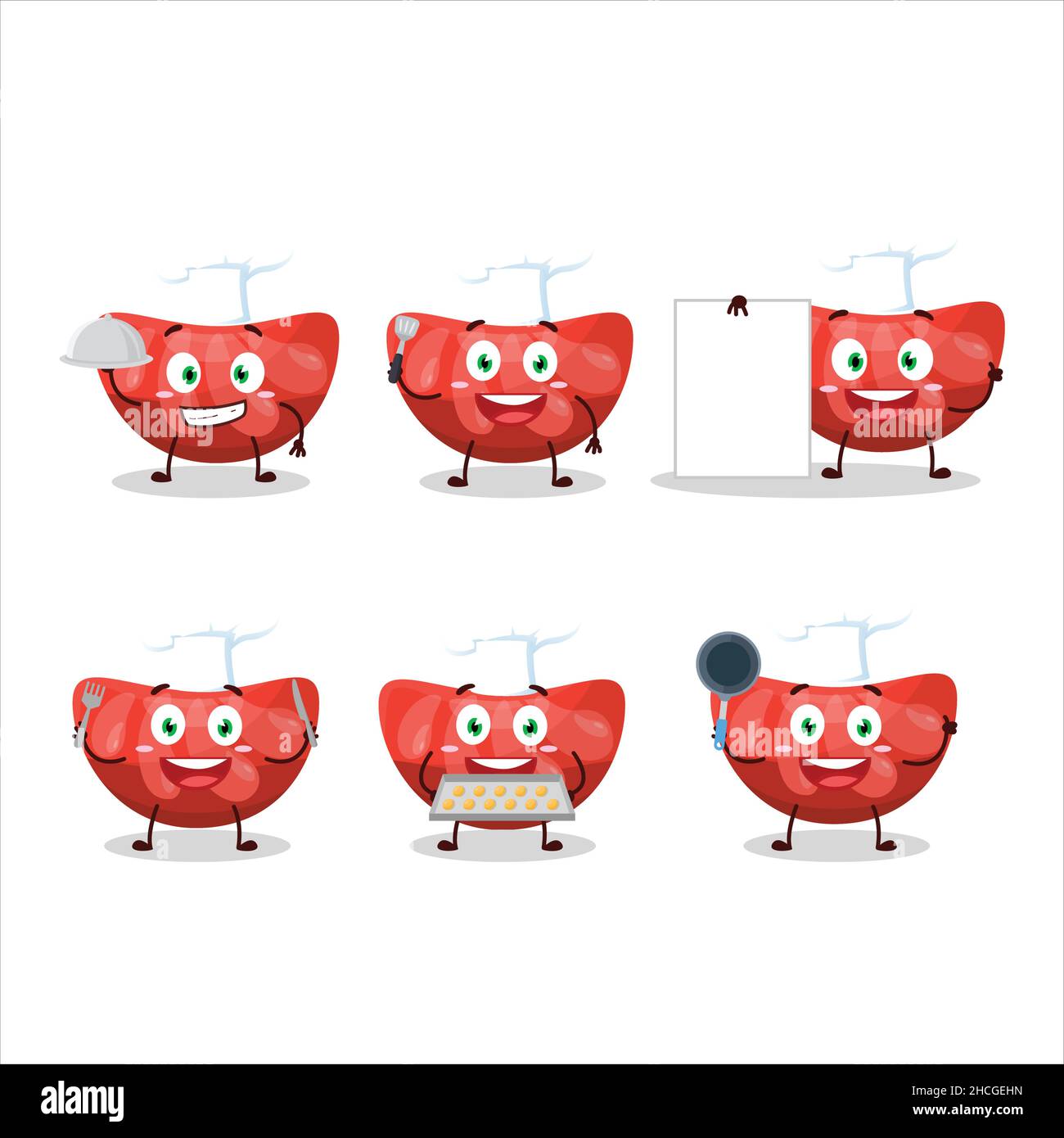 Cartoon character of red orange gummy candy with various chef emoticons ...