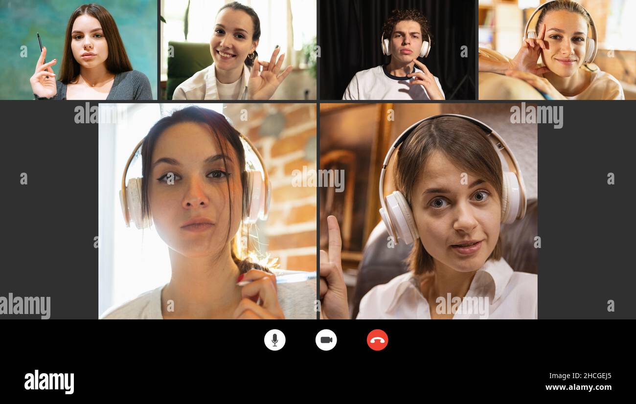 Collage of young people, men and women having video call with teacher ...