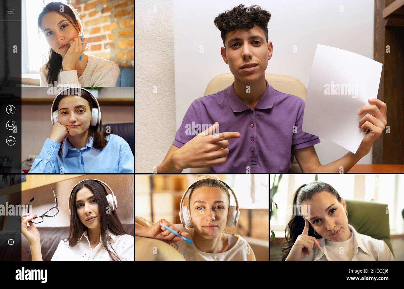 Collage of young people, students having online lesson, exam via video ...