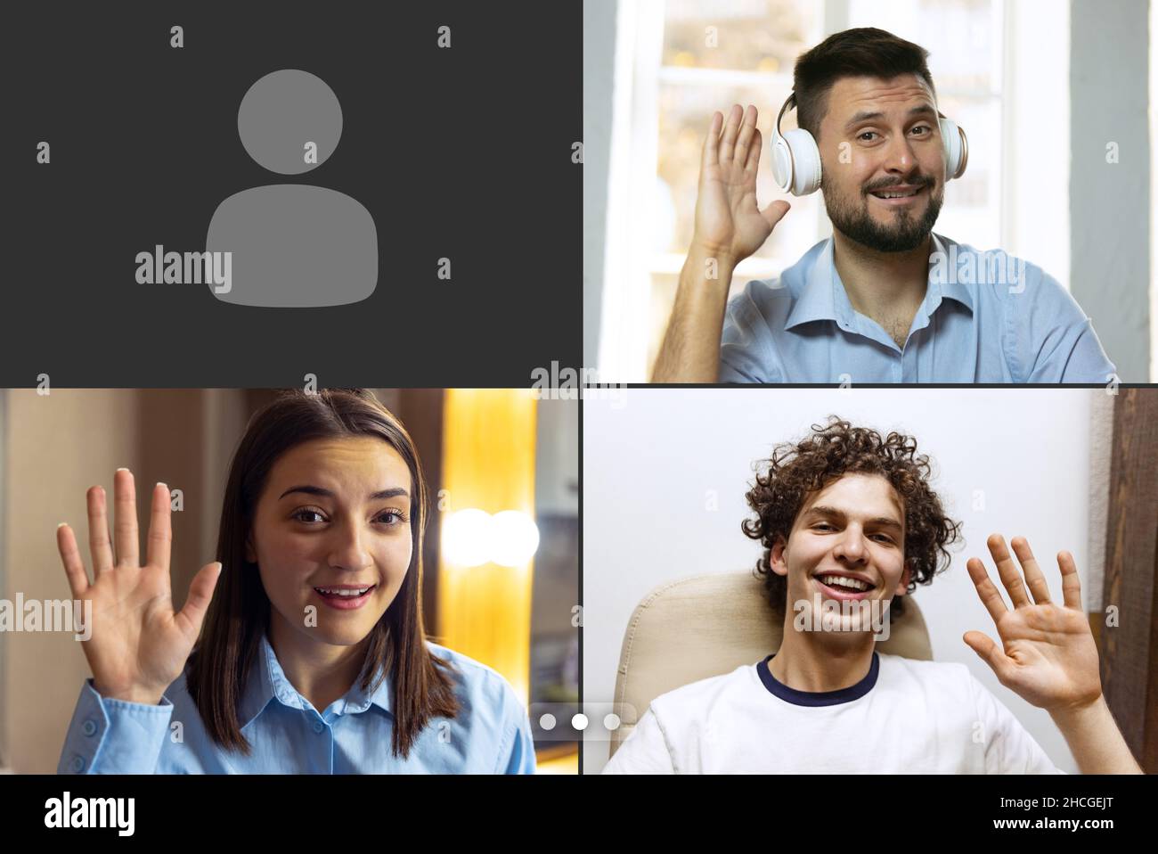 Collage of three people having online video call. Friends communication ...
