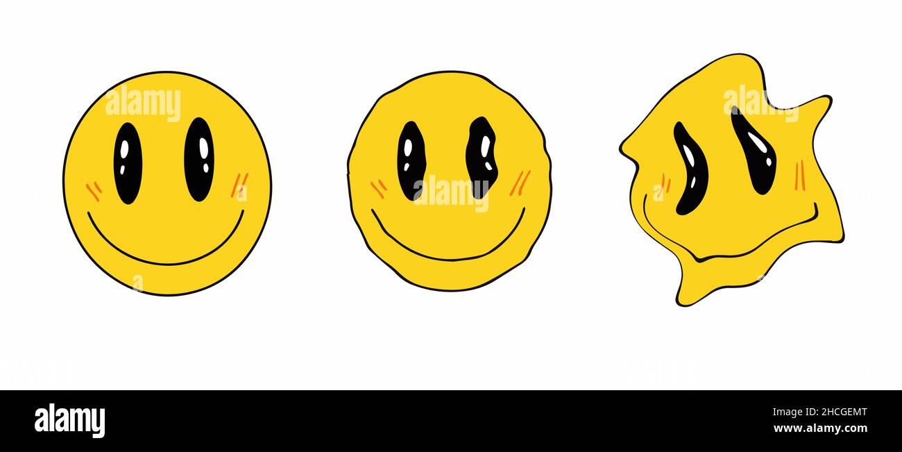 Retro melting crazy and dripping smiley face. Distorted yellow face ...