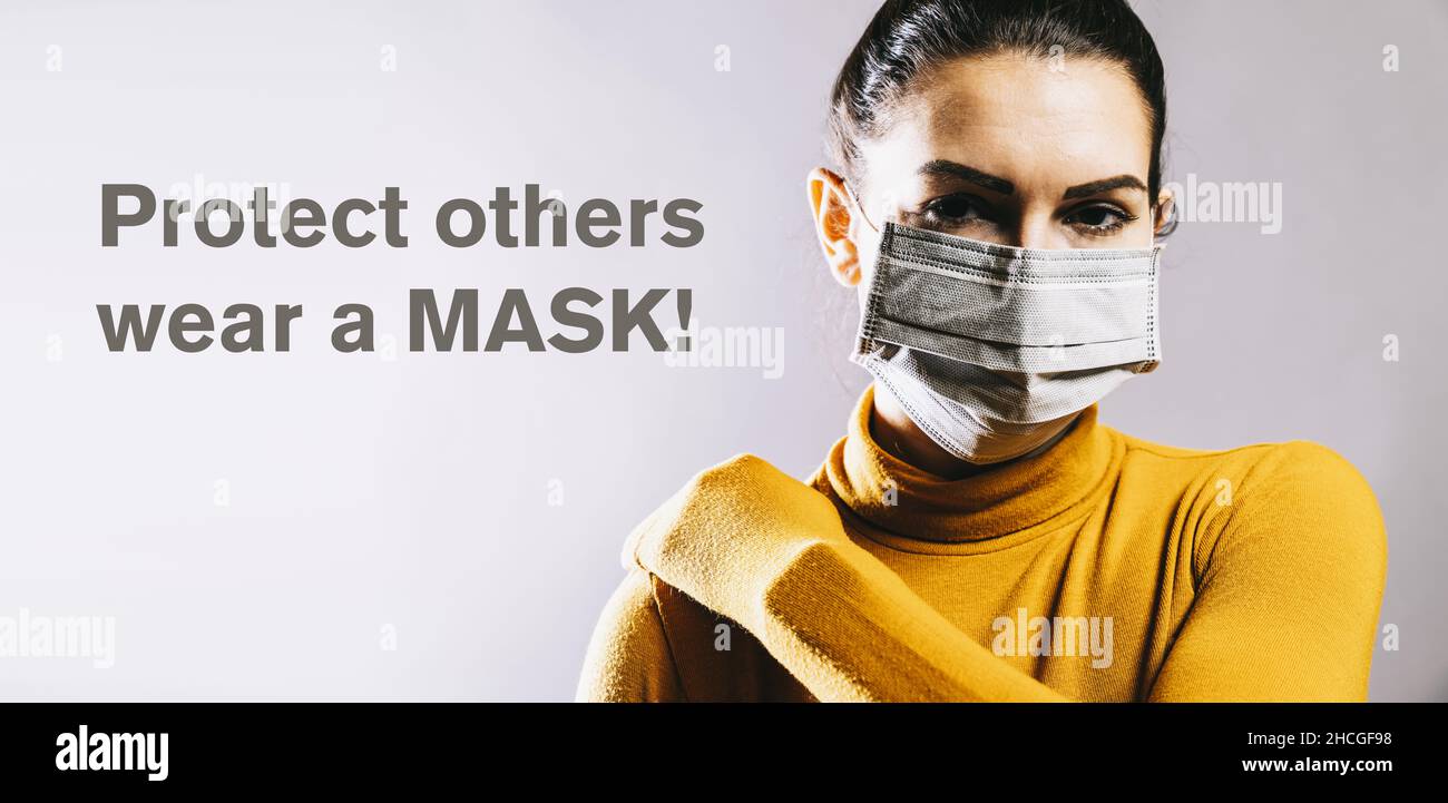 Woman wearing an anti virus protection mask to prevent others from ...