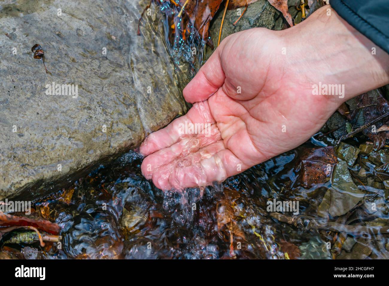 A man collects clean water from a mountain stream into his palm Stock ...