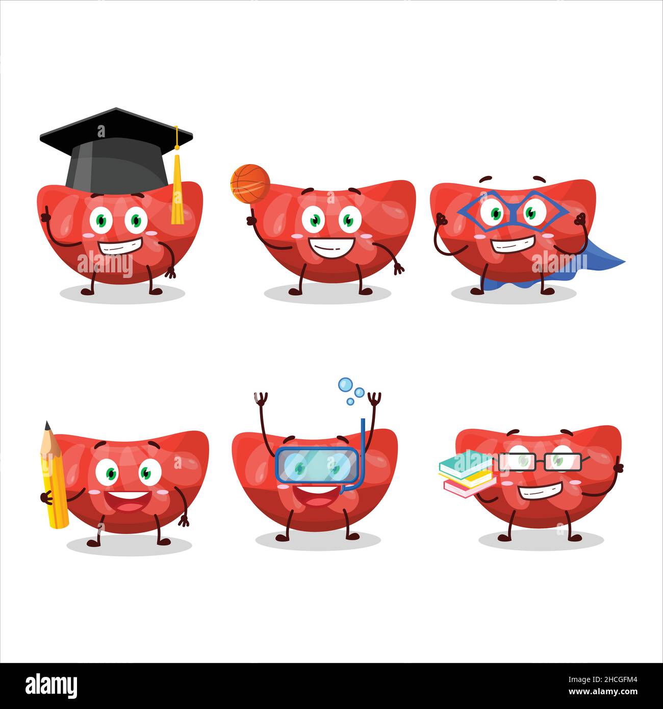 School student of red orange gummy candy cartoon character with various ...