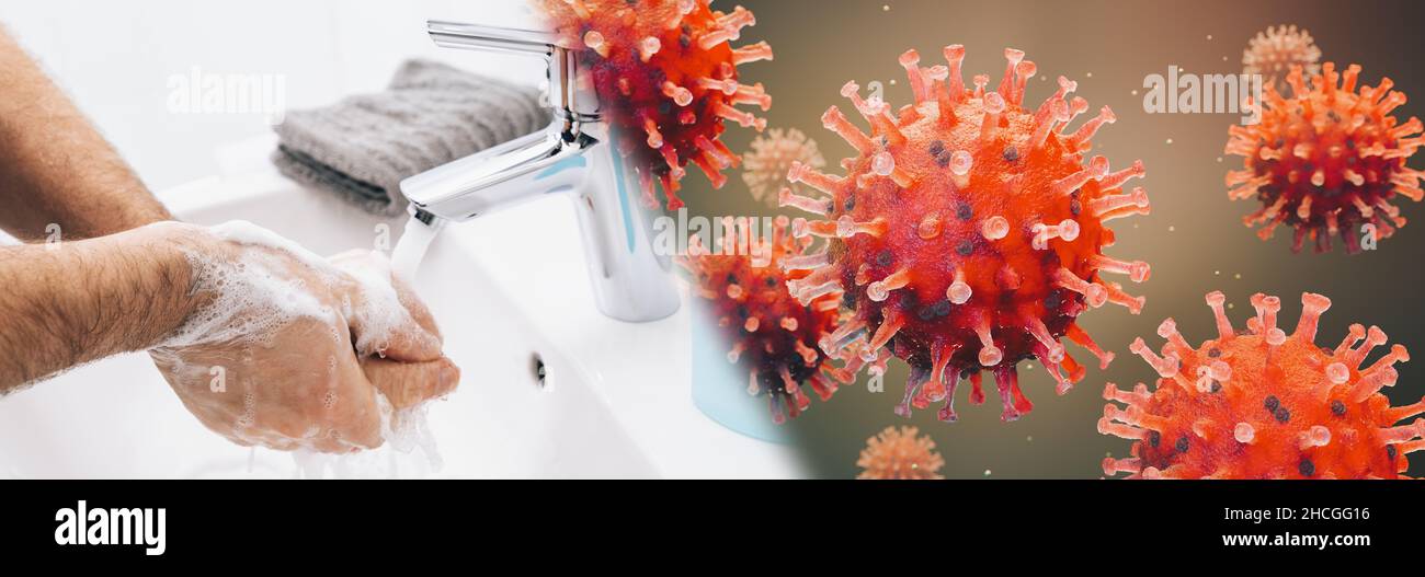 Washing hands man rinsing soap with running water at sink, Coronavirus ...