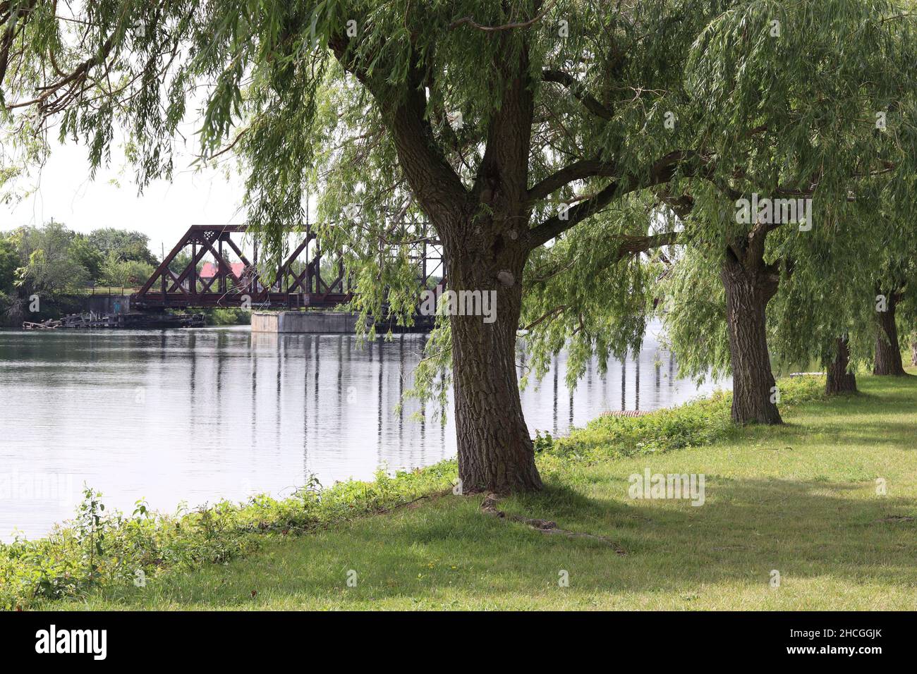 Park on the lakeshore with a bridge on the other side Stock Photo - Alamy