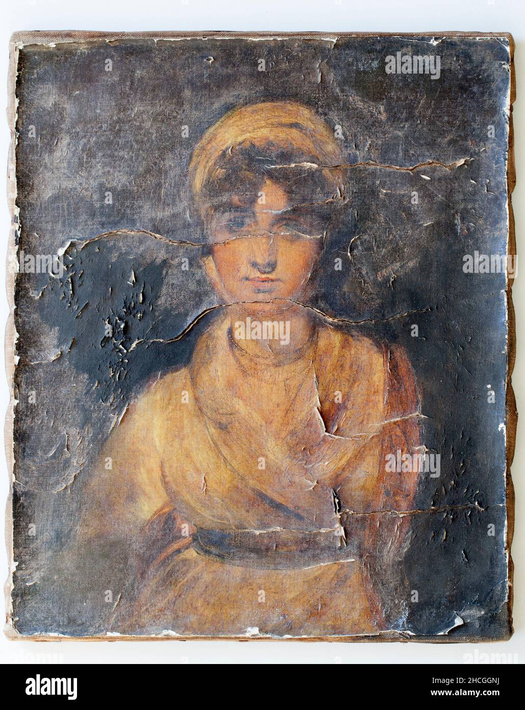Antique Oil Painting of Young Lady with Damage to Surface Stock Photo ...