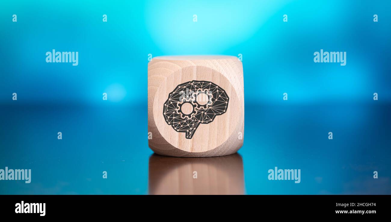Wooden block with symbol of deep learning concept on blue background ...