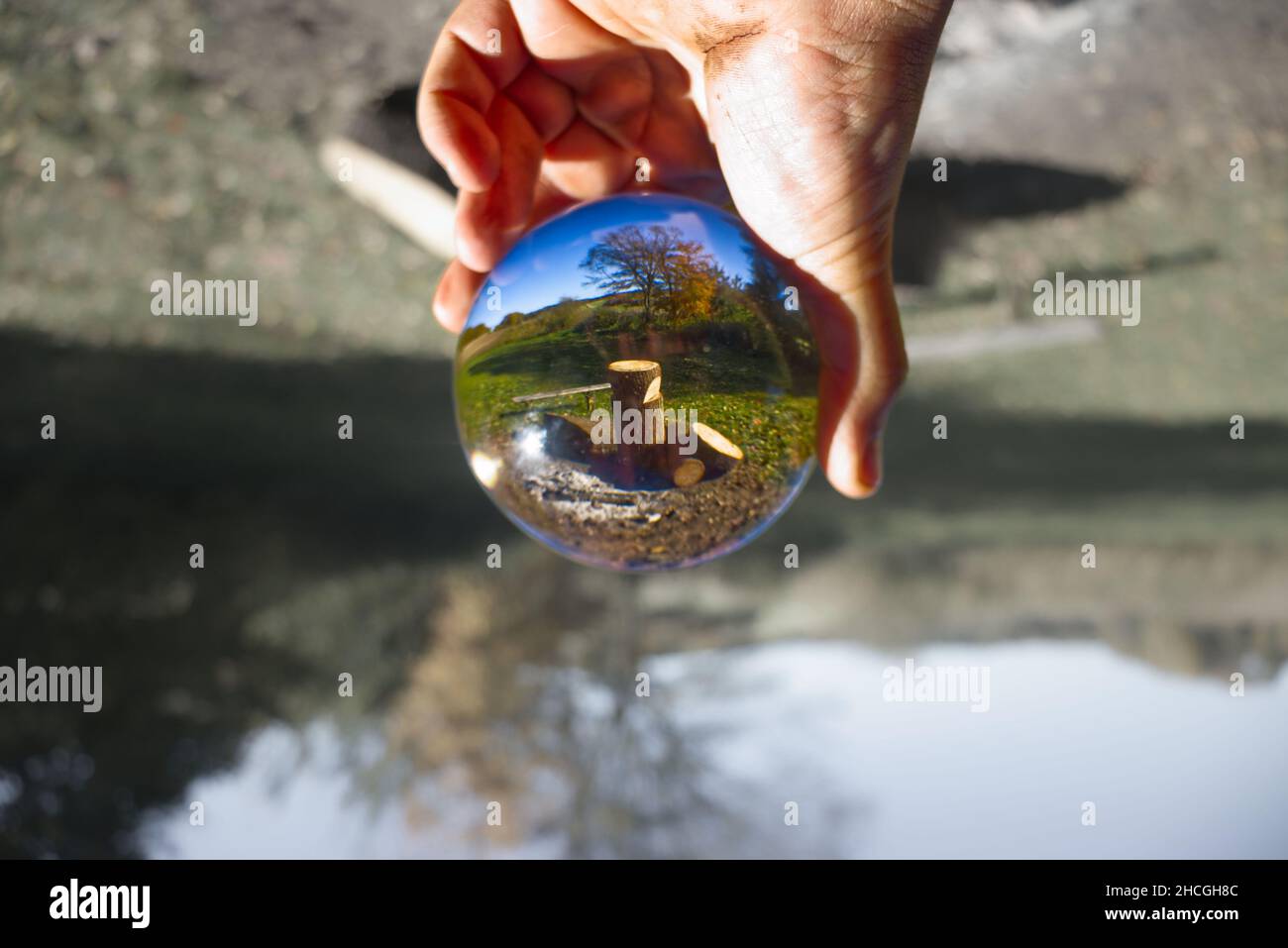 Hand holding a clear sphere with a reflection of a park Stock Photo - Alamy