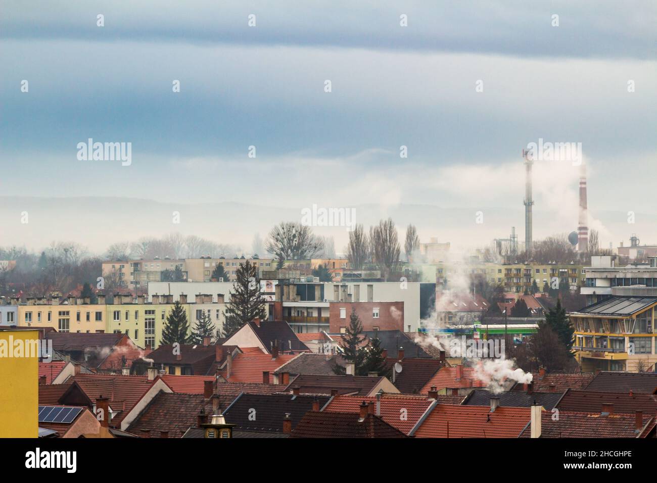 Thick smoke smog layer over the city in winter, Sopron, Hungary Stock ...
