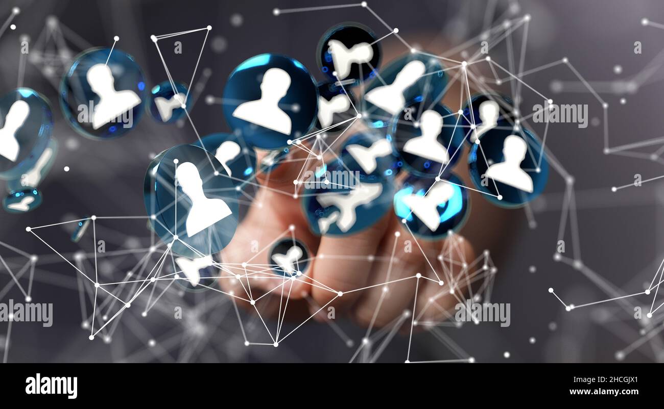 Closeup of the hand touching the 3d rendered avatar icons Stock Photo ...
