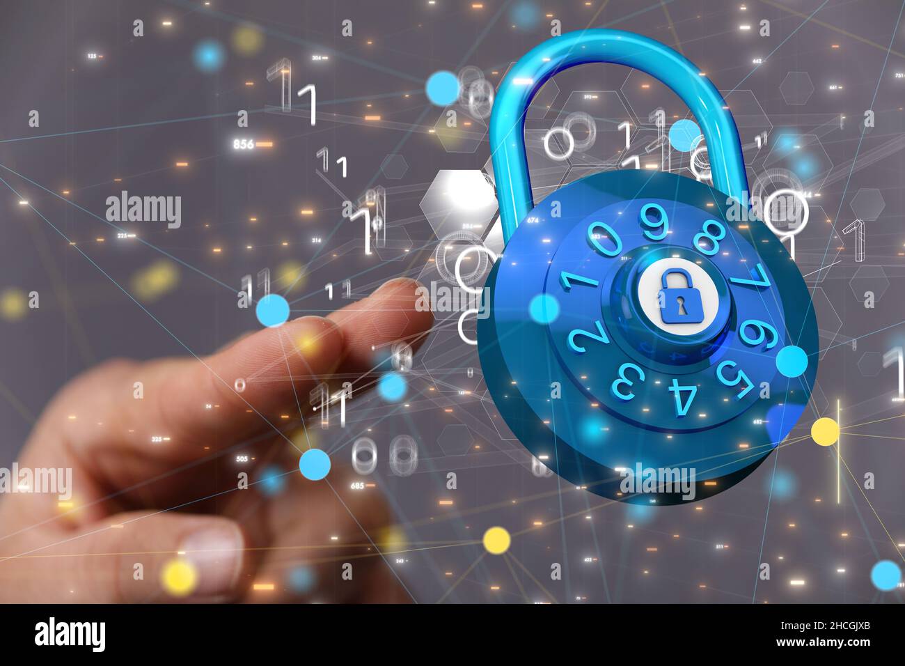 Hand touching the 3d rendered padlock with binary numbers. Cybersecurity Stock Photo - Alamy