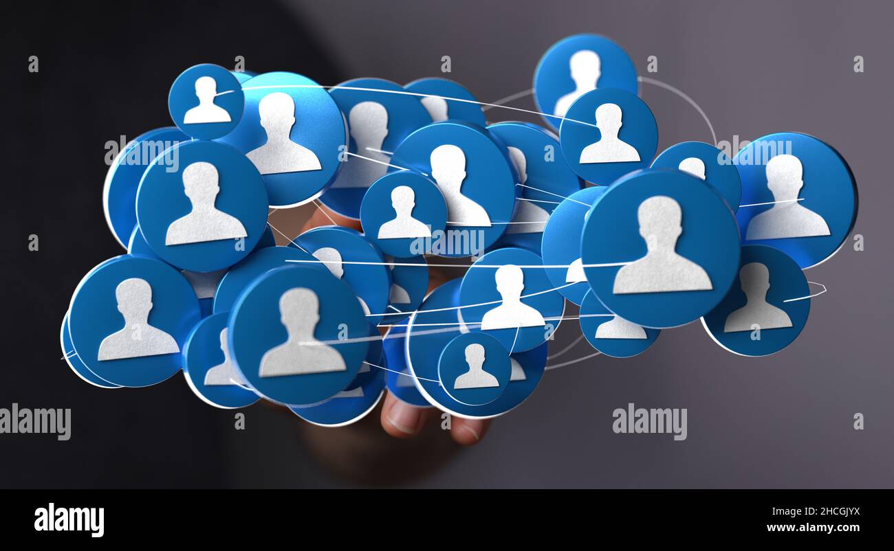 Closeup of the hand touching the 3d rendered avatar icons Stock Photo ...