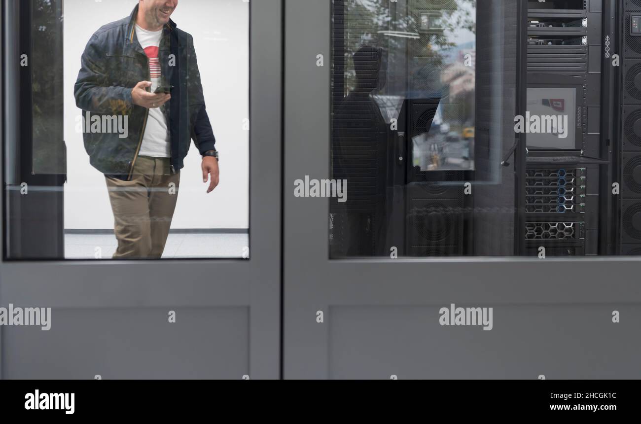 Technicians team updating hardware inspecting system performance in ...