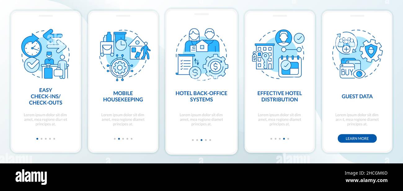 Hotel property management systems blue onboarding mobile app screen ...
