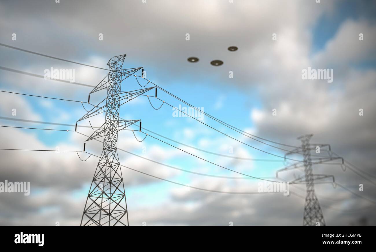 unidentified flying objects over electricity pylons 3d illustration ...