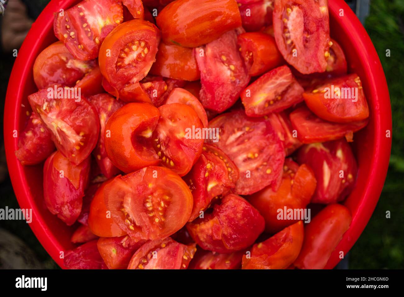 Chopped tomatoes in a bowl. Bio tomatoes, for preparing a homemade ...