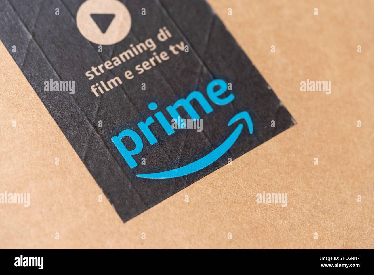Amazon prime label on a printed on a cardboard. Prime is a service ...