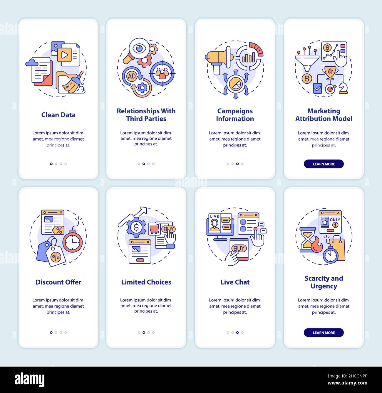 Digital marketing and strategy onboarding mobile app screen set Stock ...