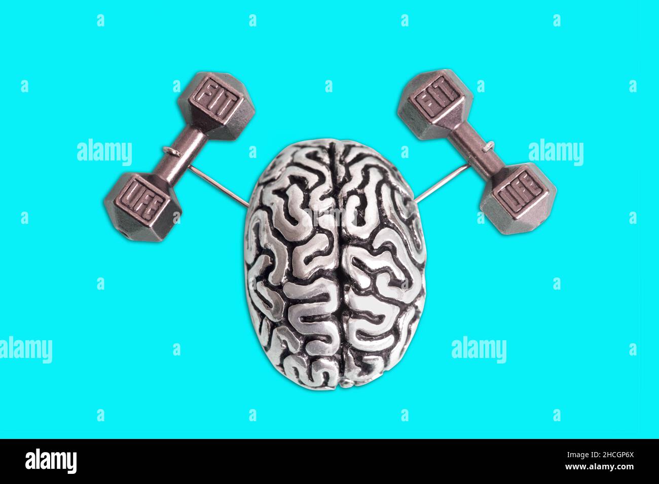Human brain figurine with hands lifting heavy dumbbells isolated on ...