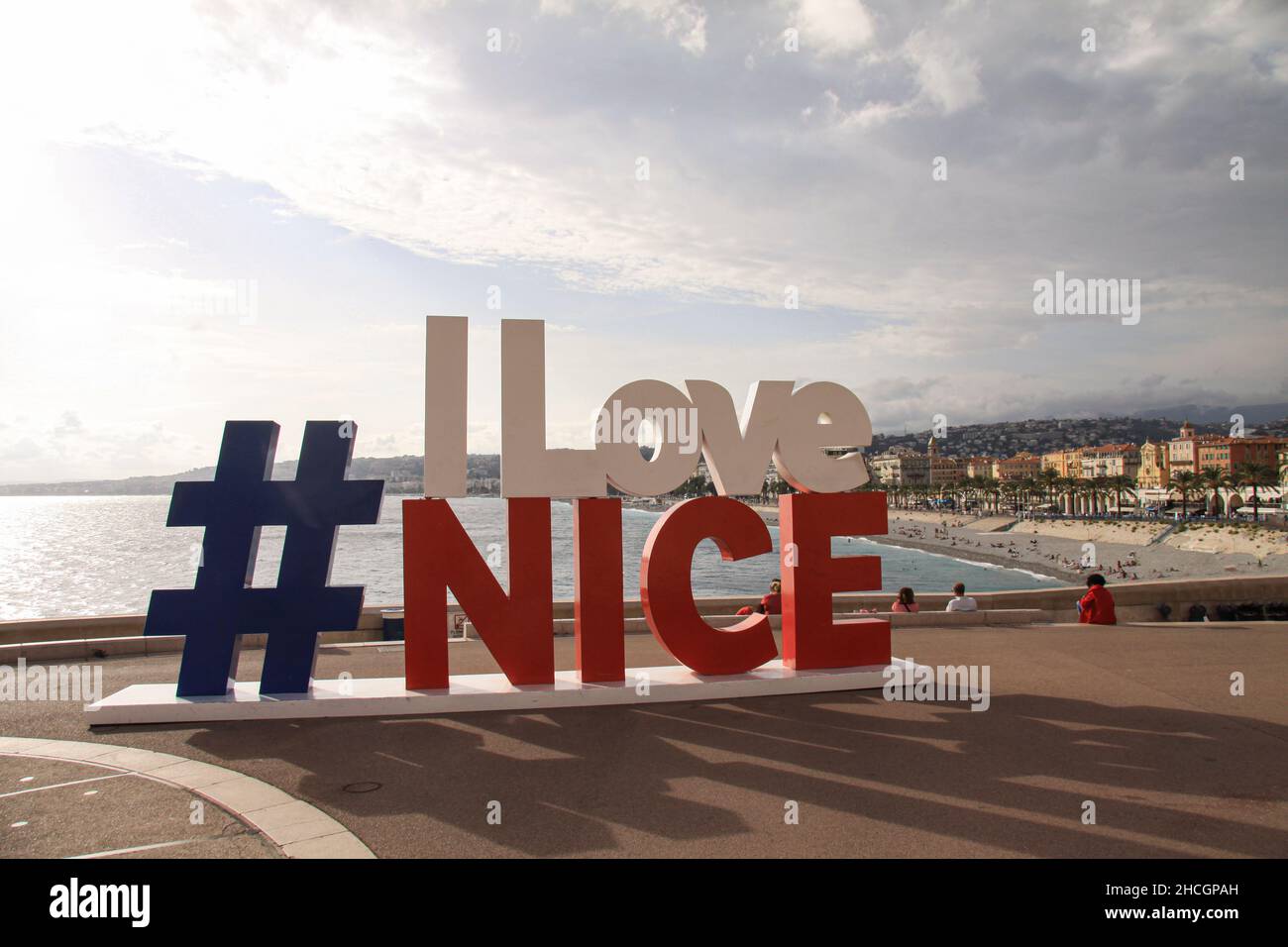 Famous Hashtag I Love Nice sign with Promenade des Anglais and the ...
