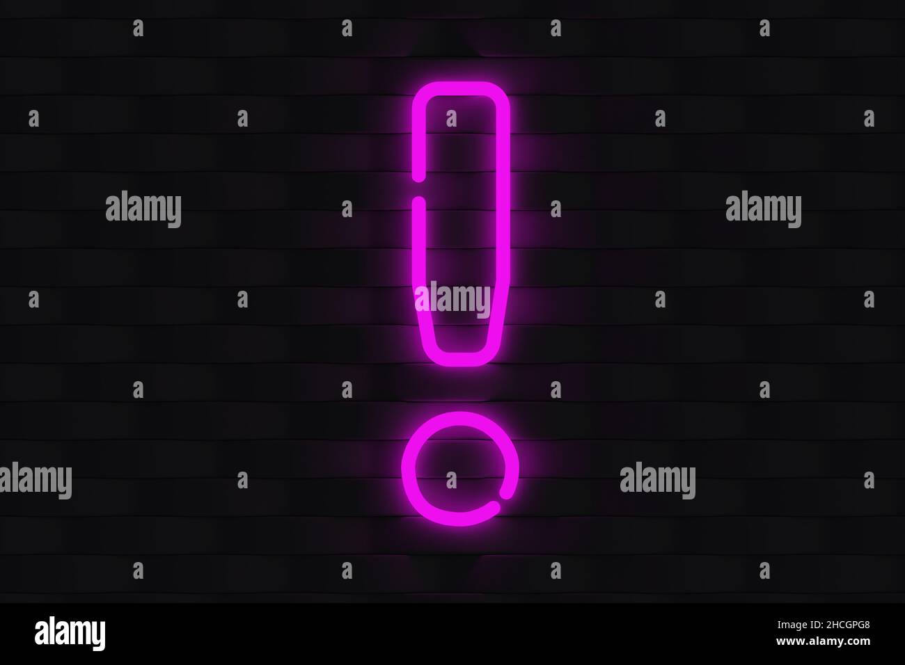 Glowing exclamation mark of violet color on dark wall. 3d render Stock ...
