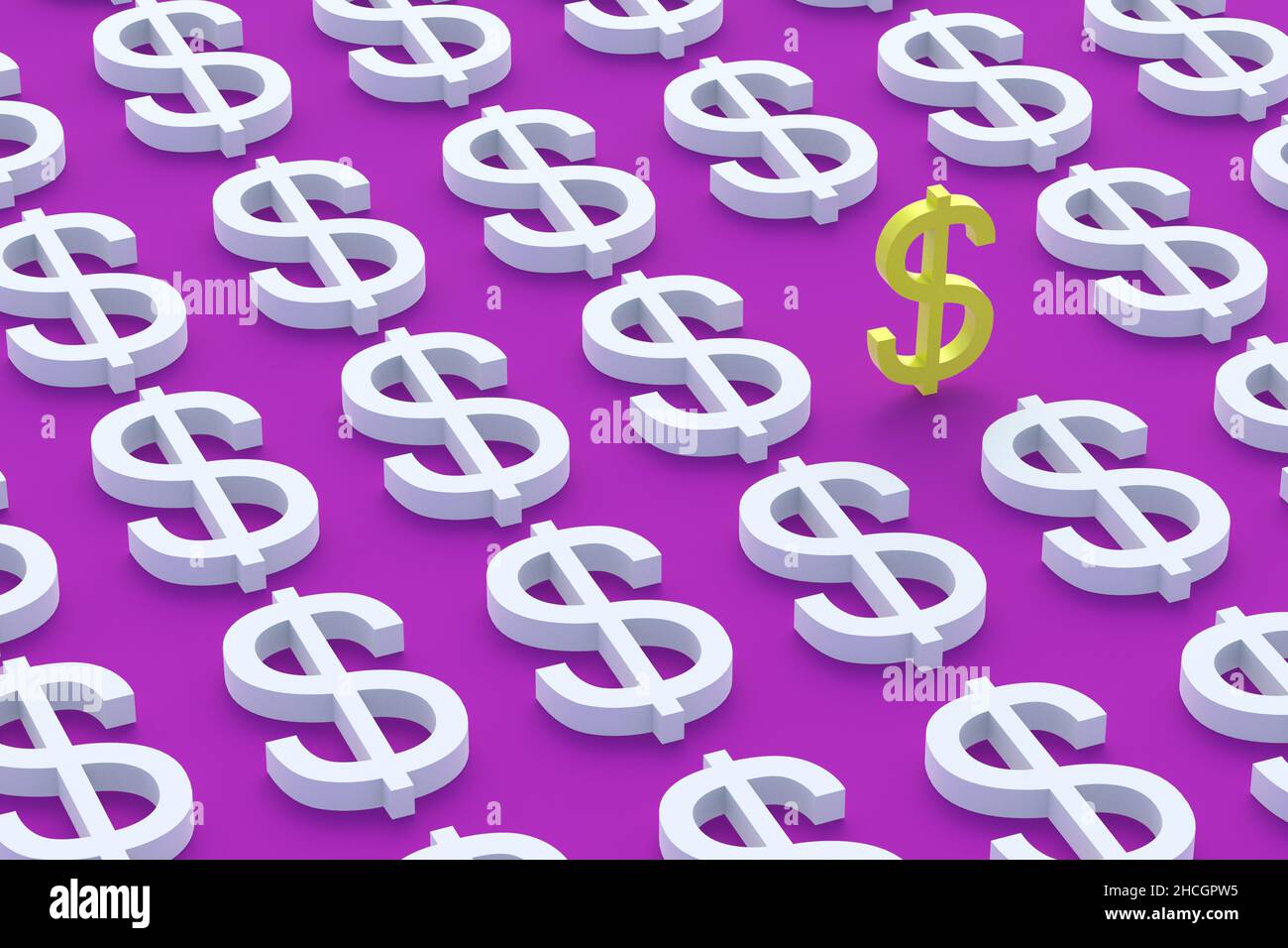 Rows of dollar sign of white color and one of yellow on violet ...