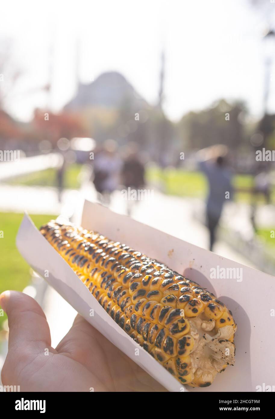 Macro close up of grilled corn in the paper and hands in front of the ...