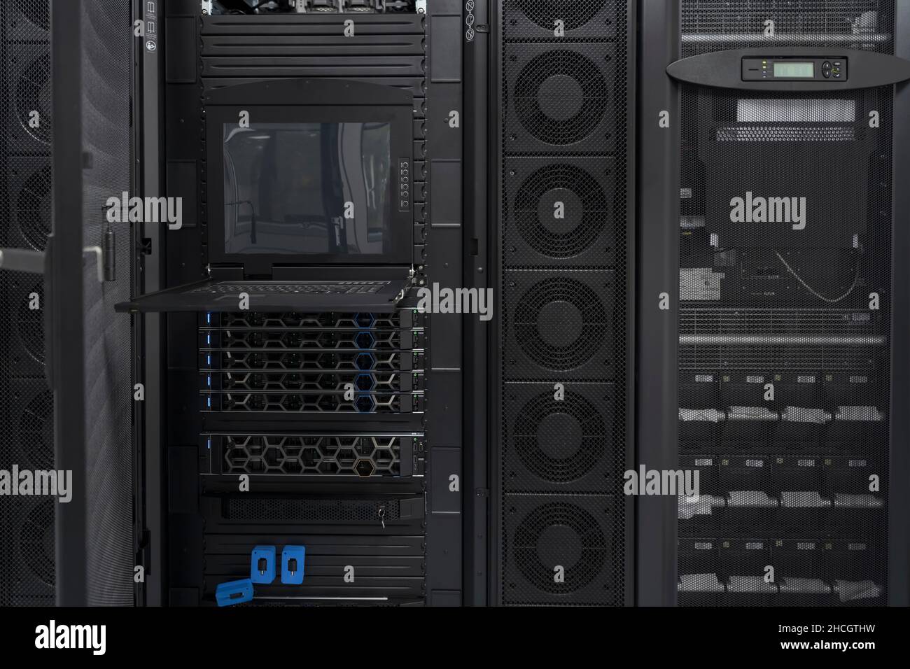 Data Center With Multiple Rows of Fully Operational Server Racks. Modern Telecommunications ...